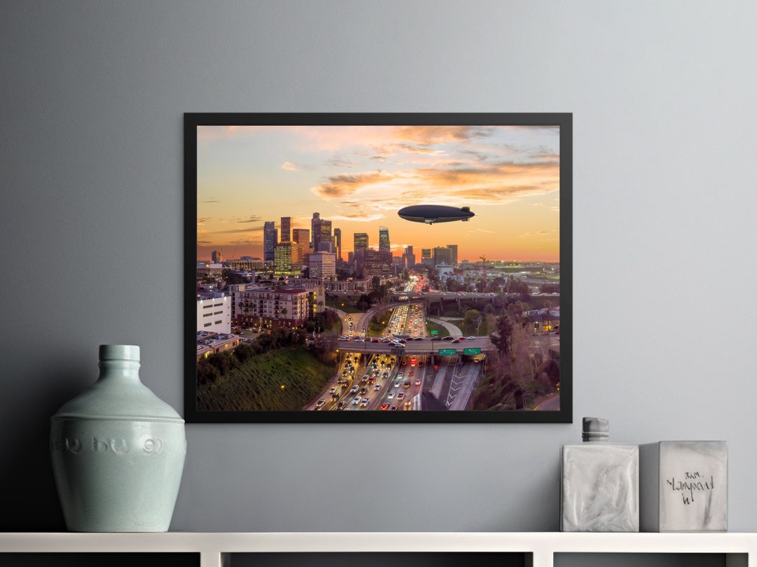 Blimp Over City Skyline at Sunset, Aerial Urban Wall Art, Modern ...