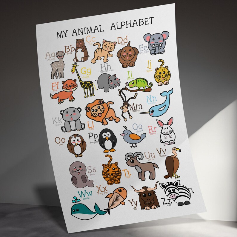Cute Animal Alphabet Poster for Kids Room Decor, Educational Wall Art ...