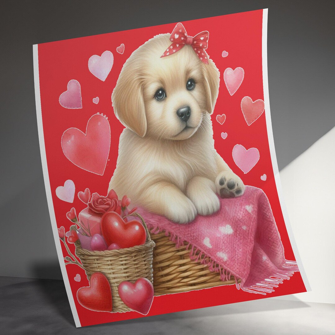 Cute Puppy Poster, Valentine's Day Decor, Puppy With Hearts Poster, Dog ...