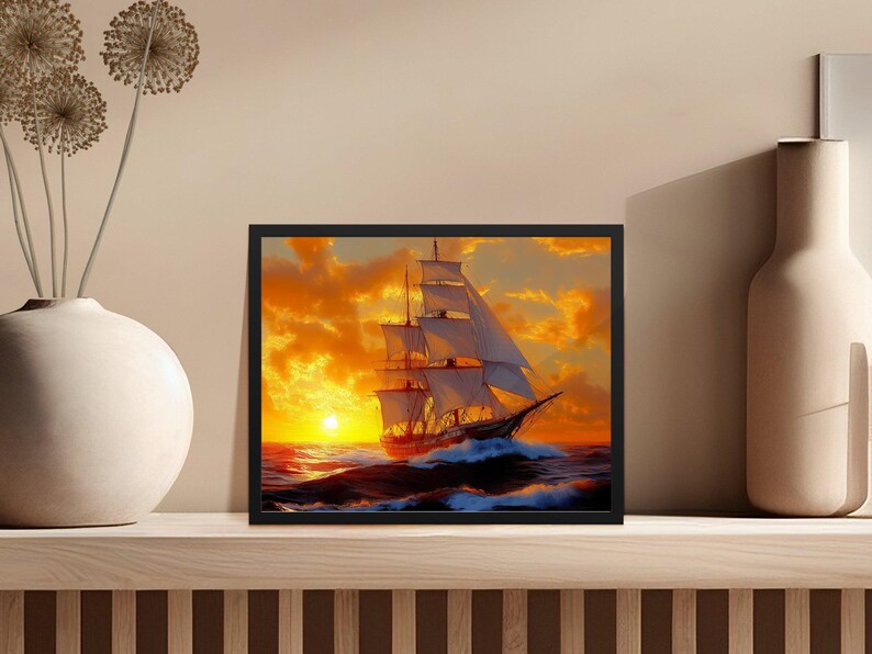 Stunning Digital Download Wall Art Tall Ship at Sunset Ocean Decor ...