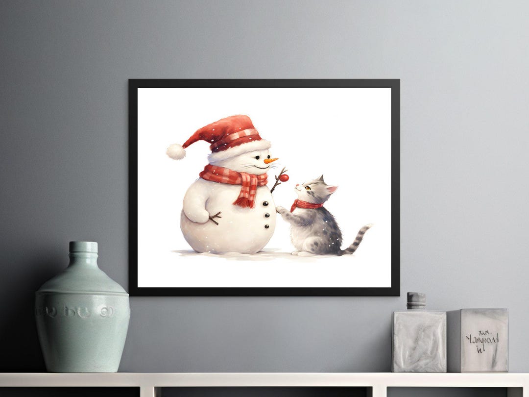 Cute Snowman and Cat Digital Download Christmas Wall Art Winter ...