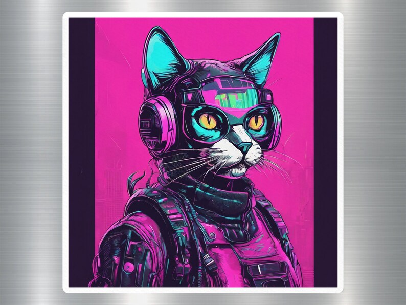 Cyberpunk Cat Sticker, Futuristic Feline Decal, Sci-fi Cat Art, Cool ...