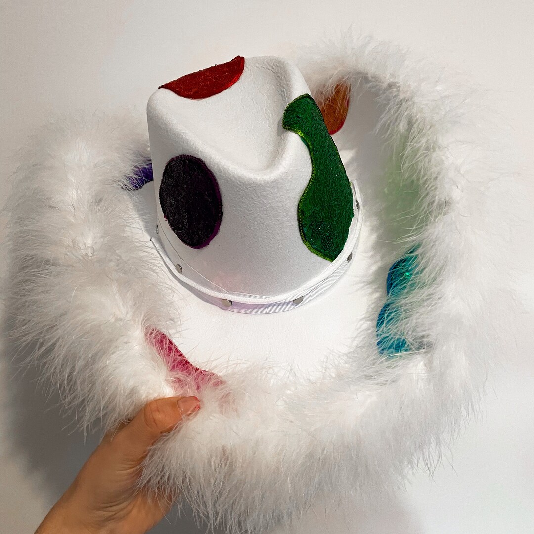 MILKSHAKE rainbow White Cowboy Cowgirl Hat With Pride Sequin Cow Print ...
