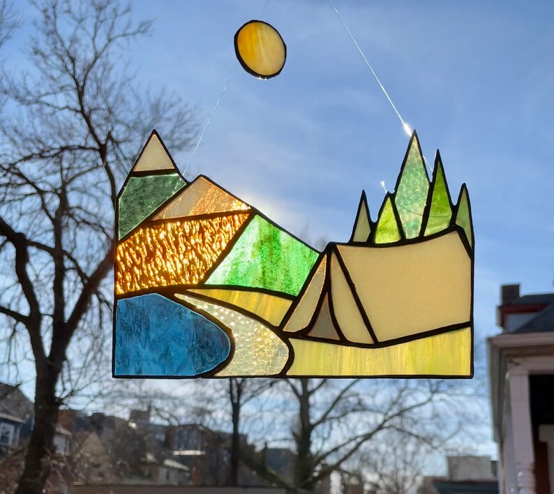Handmade Stained Glass Nature Mountain Scene Camping Hiking Tent Sun ...
