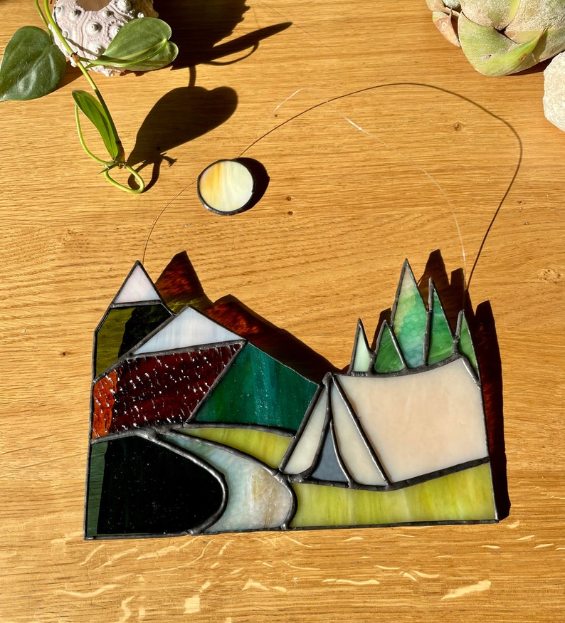 Handmade Stained Glass Nature Mountain Scene Camping Hiking Tent Sun ...