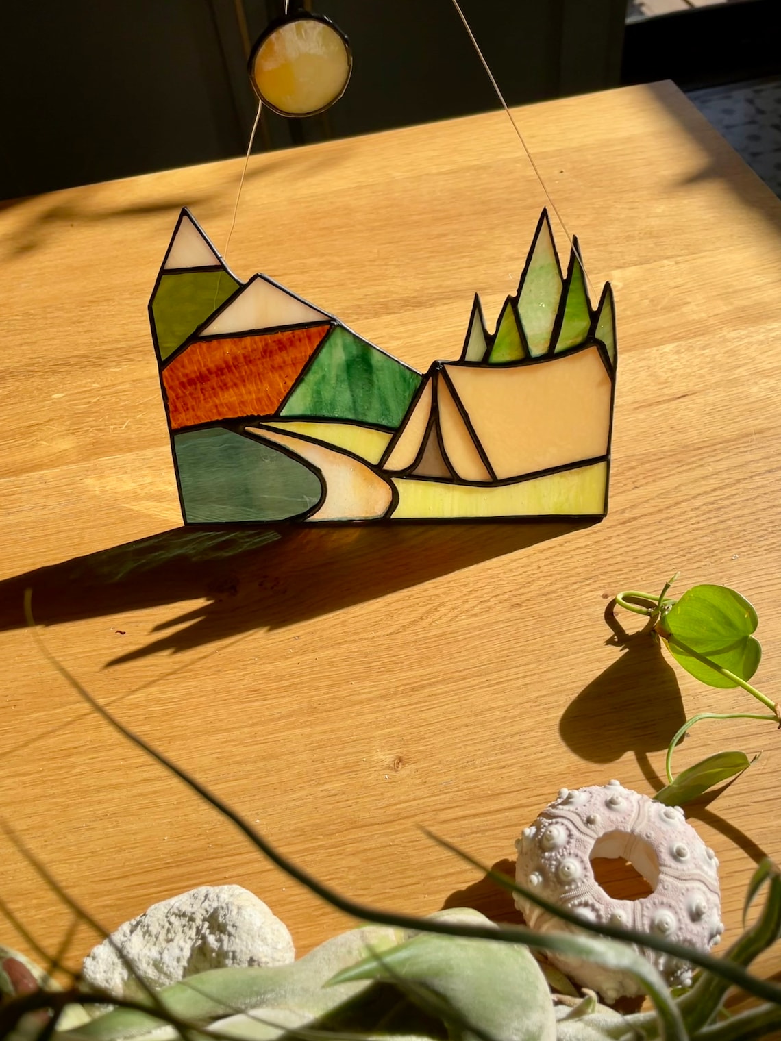 Handmade Stained Glass Nature Mountain Scene Camping Hiking Tent Sun ...