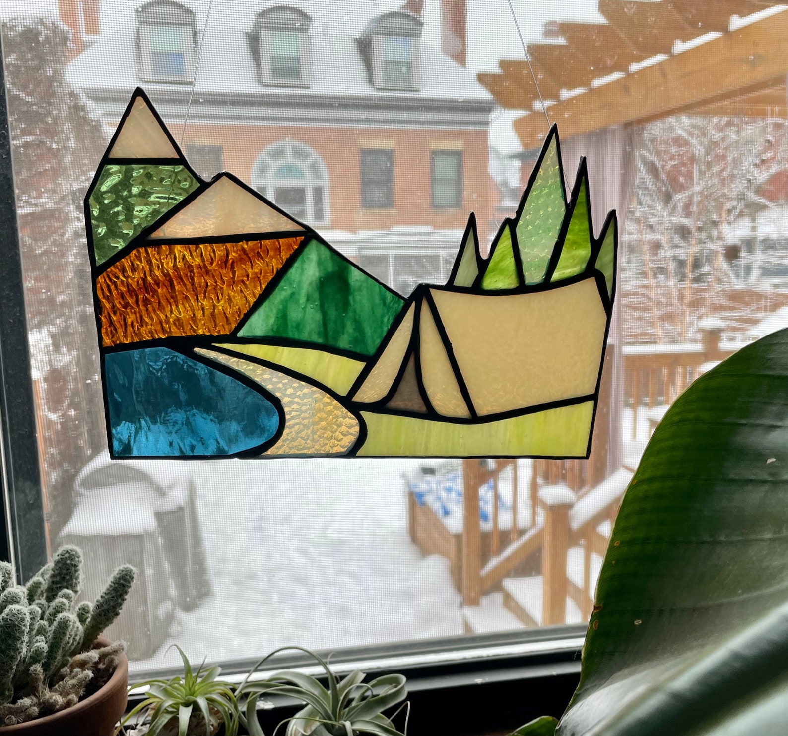 Handmade Stained Glass Nature Mountain Scene Camping Hiking Tent Sun ...