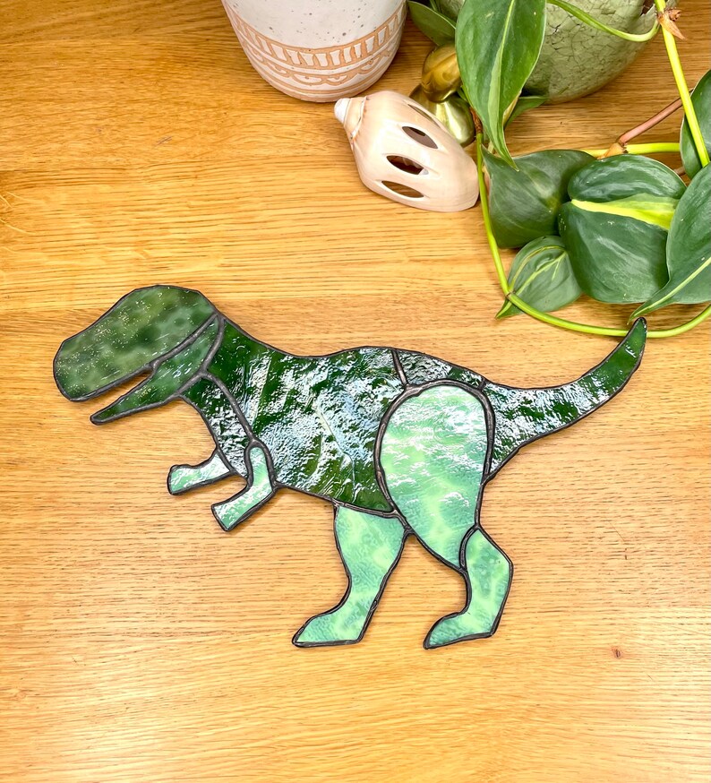 T-rex Stained Glass Suncatcher: Green Dinosaur Window Hanging - Etsy