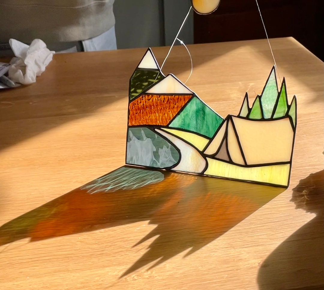 Handmade Stained Glass Nature Mountain Scene Camping Hiking Tent Sun ...