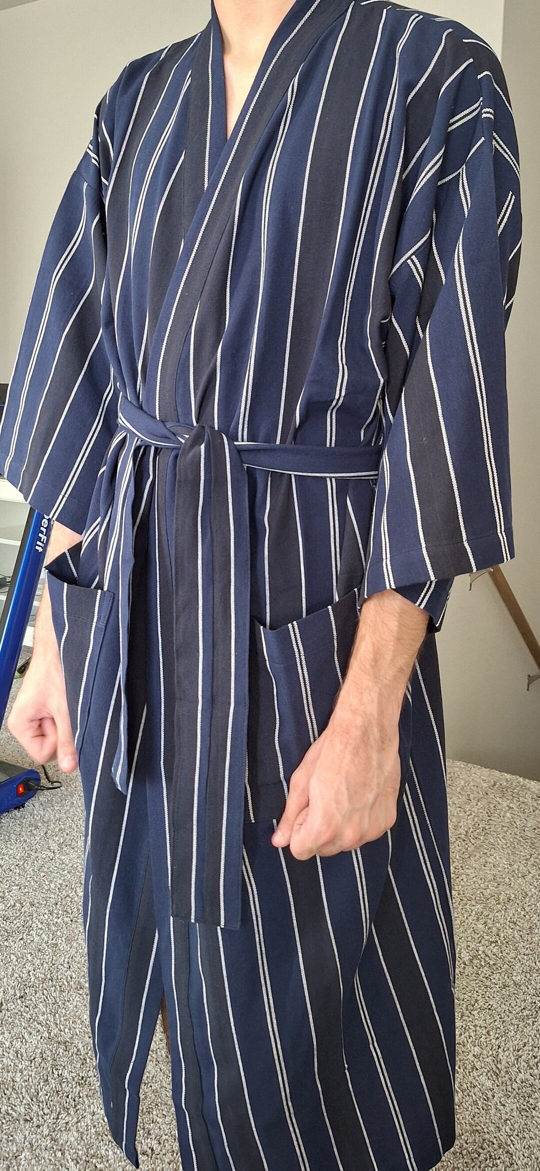 Striped Dark Blue Men's Robe, Cozy Cotton Bathrobe With Pockets, Father ...