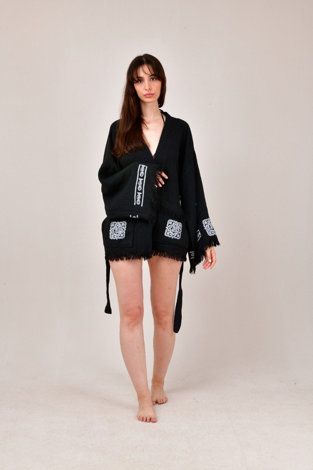 Oksoko Mini Kimono Robe, Luxury Comfort, Black / White Yoga Robe, Gift ...
