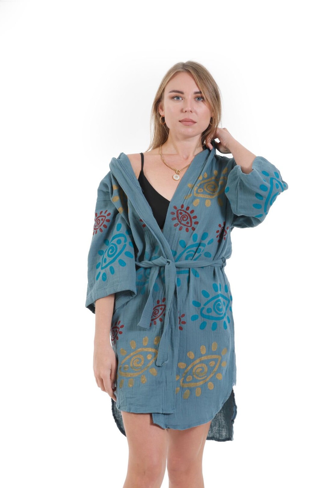 Hera Multi-color Mini Kimono Robe, Long Sleeve Hooded Robe for Women ...
