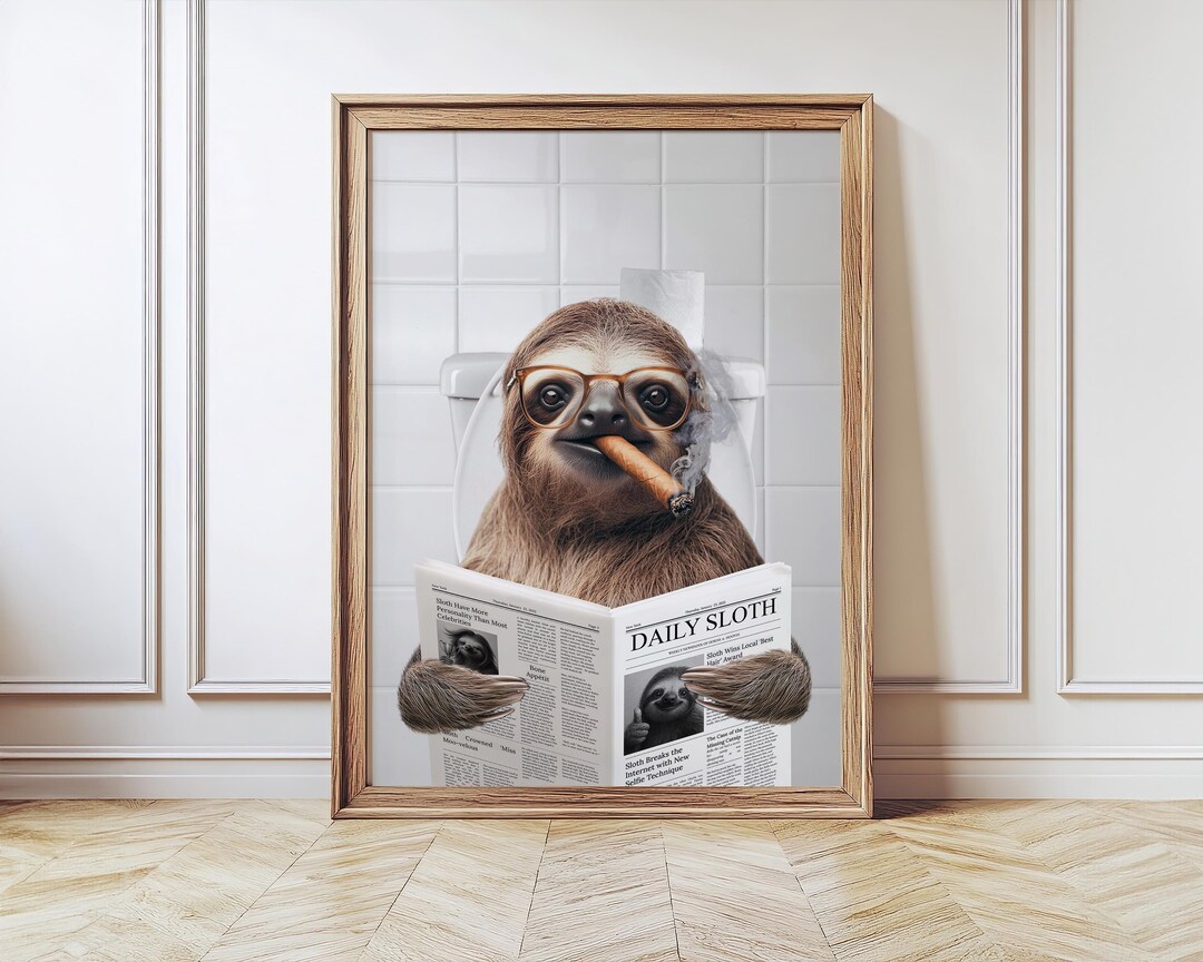 Sloth on Toilet Reading Newspaper, Sloth Wall Decor, Funny Bathroom Art ...