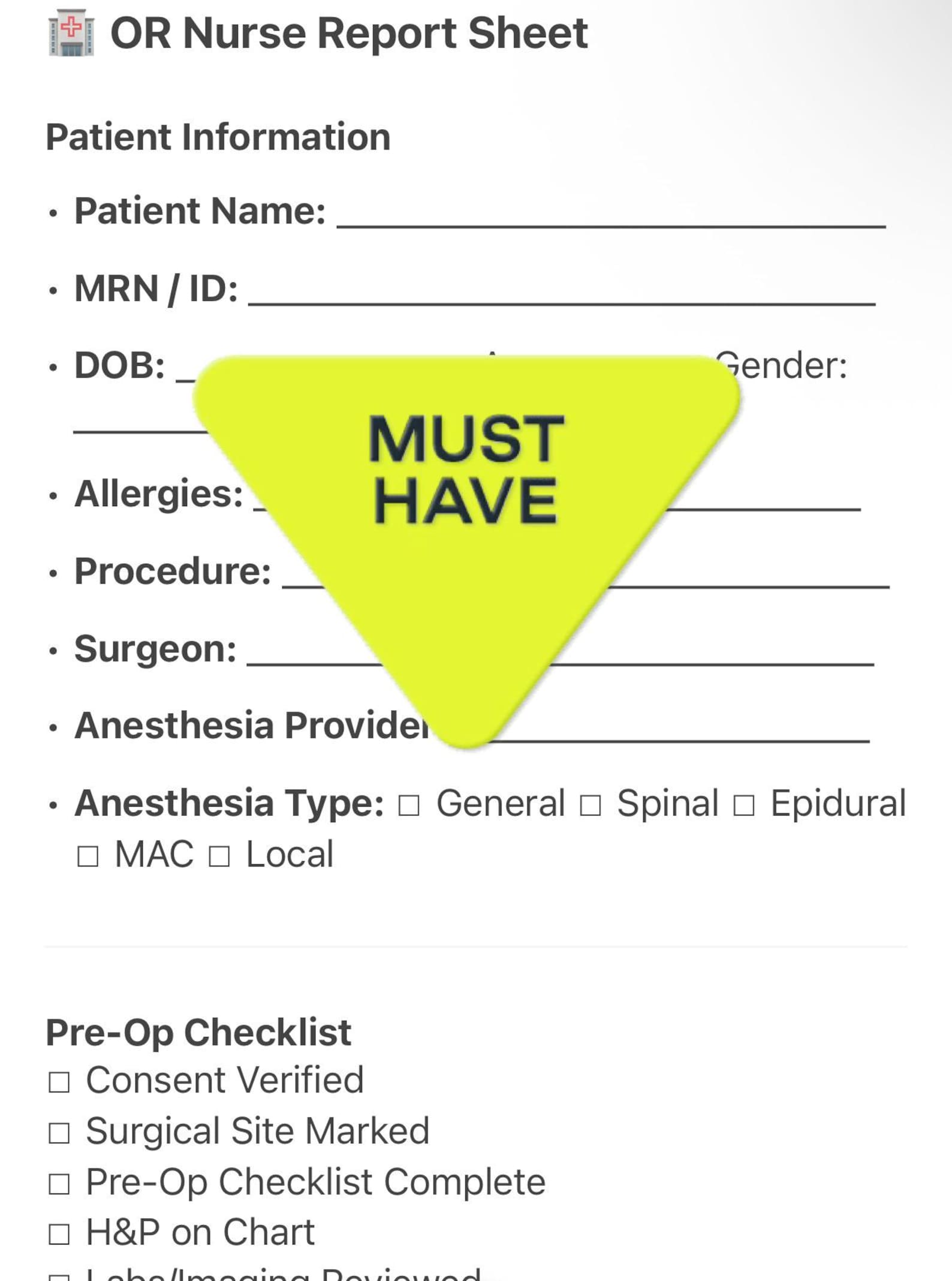 Perioperative Nurse Report Sheet PDF - Etsy