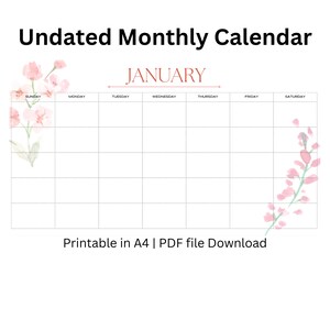 Monthly Undated Calendar (printable), A4 Digital Download - Etsy