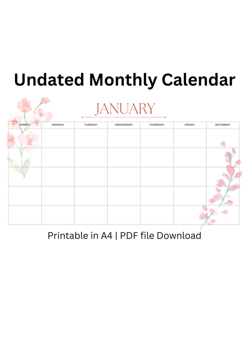Monthly Undated Calendar (printable), A4 Digital Download - Etsy