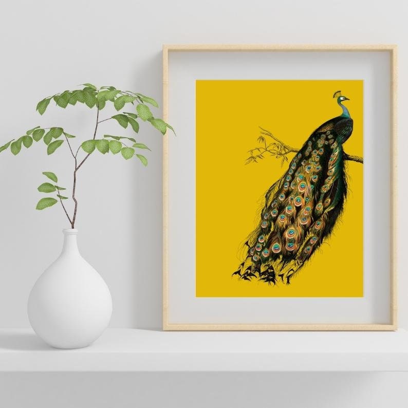 Vintage Peacock Wall Art Print Digital Printables Yellow Etsy