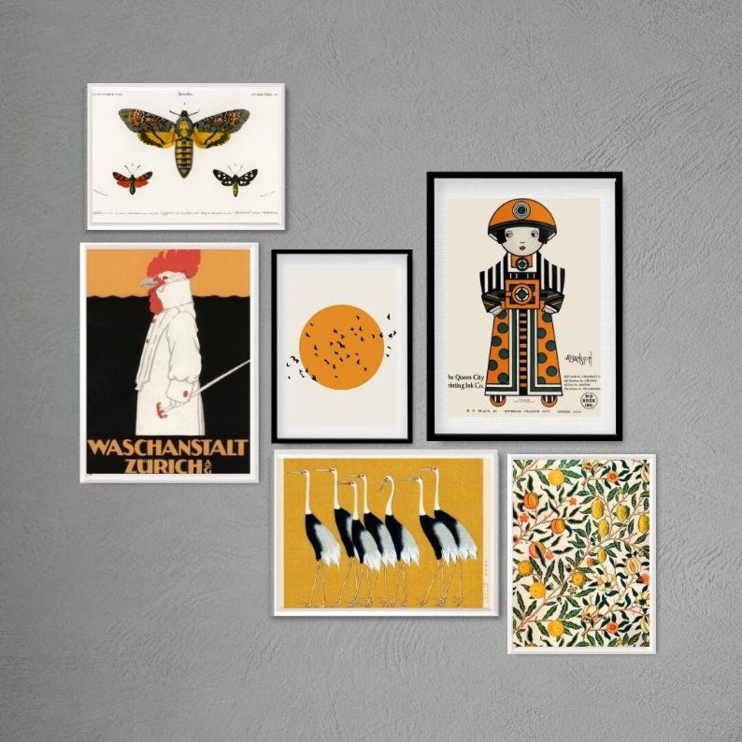 Yellow Wall Art Set of 6 Prints, Vintage Gallery Wall, Retro Poster ...