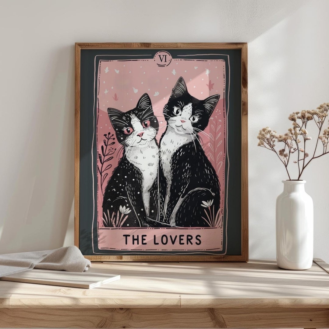 The Lovers Tarot Card Art Print Valentine Cats Illustration Tarot Card ...