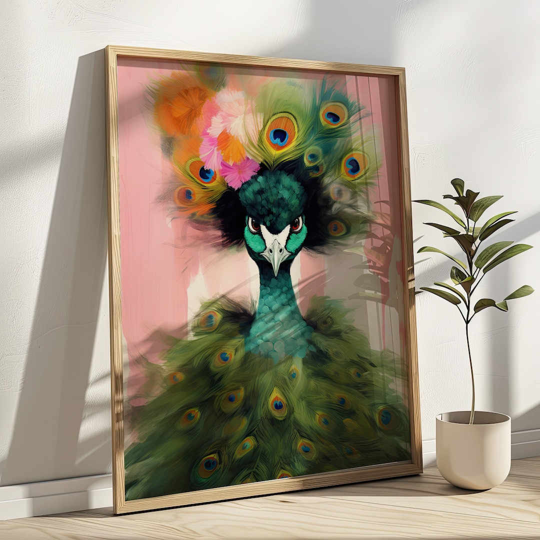 Peacock in Green Fur Animal Fashion Art Print Quirky Wall Art ...