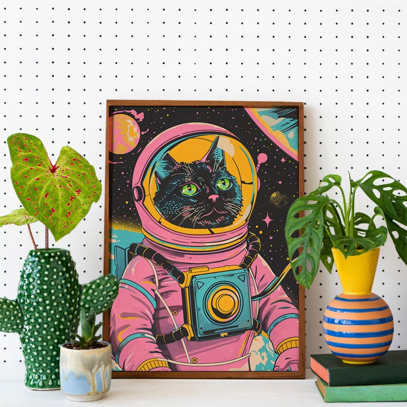 Retro Astronaut Black Cat Funky Space-themed Feline Art Print DIGITAL ...