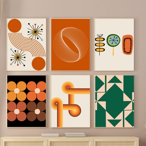 Orange Mid Century Modern Printable Wall Art Set of 6, Retro Colorful ...