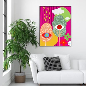 Evil Eye Forest Trippy Wall Art, Colorful Quirky Poster, Whimsical Folk ...