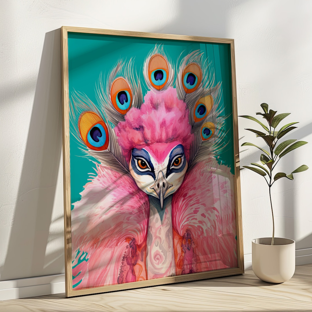 Peacock in Pastel Pink Fur Animal Fashion Art Print Quirky Wall Art ...