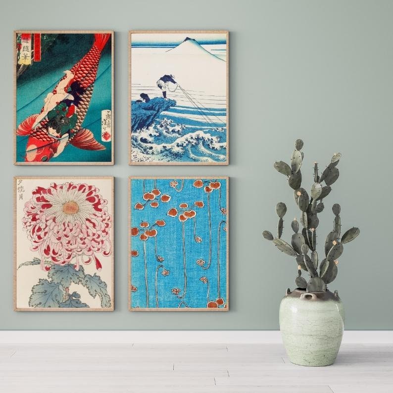 Blue&red Japanese Woodblock Gallery Wall Set of 10 Ukiyo-e - Etsy