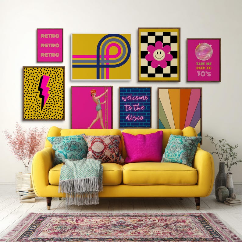 Retro Gallery Wall Colorful 70s Poster Set of 8 DIGITAL, Throwback Art ...