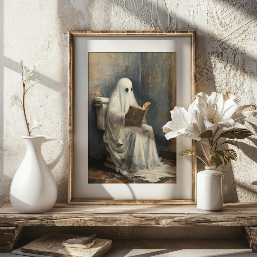 Ghost Reader in Toilet Halloween Art Print for Bathroom Wall Decor ...