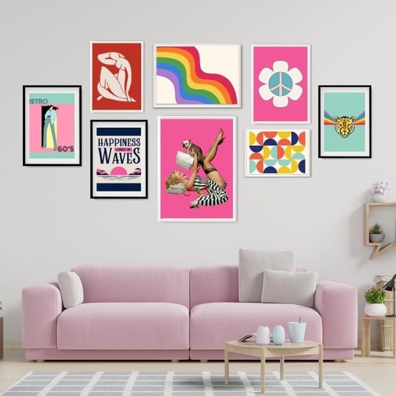 Wall Art Retro Set of 8 Prints Retro Gallery Wall Pink Print Set 70s Poster Pin up Girl Poster Vibrant Wall Art Hippie Flower Poster Retro Etsy
