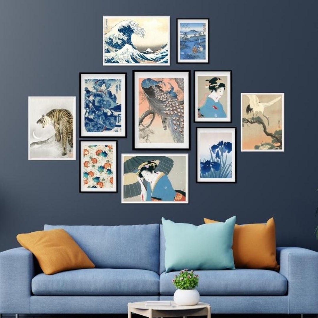 Japanese Woodblock Wall Art Set of 10, Blue Ukiyo-e Gallery Wall Set ...