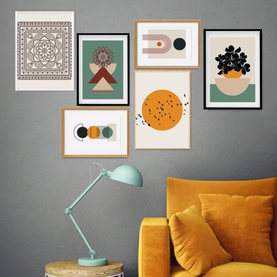Sage Green and Orange Boho Printable Wall Art Set of 6 - Etsy