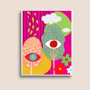 Evil Eye Forest Trippy Wall Art, Colorful Quirky Poster, Whimsical Folk ...