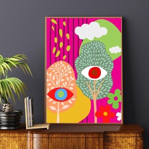 Evil Eye Forest Trippy Wall Art, Colorful Quirky Poster, Whimsical Folk ...