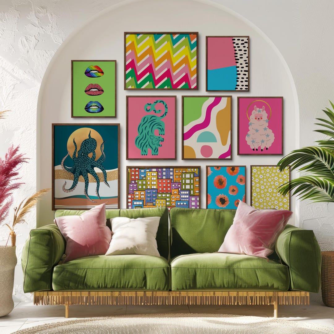 Funky Gallery Wall Set of 10 Prints, Colorful Posters, Maximalist Wall ...