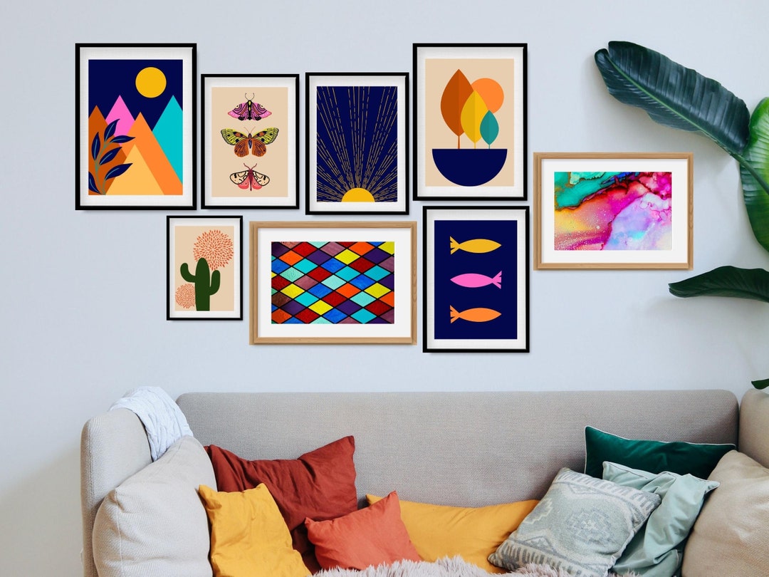 Colorful Art Gallery Wall Set of 8, Navy Blue Bohemian Wall Art ...