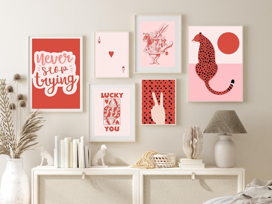 Preppy Wall Art Set of 6, Pink and Red Gallery Wall Prints, Eclectic ...