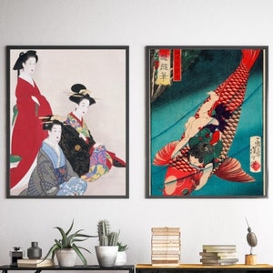 Blue&red Japanese Woodblock Gallery Wall Set of 10, Ukiyo-e Wall Art ...