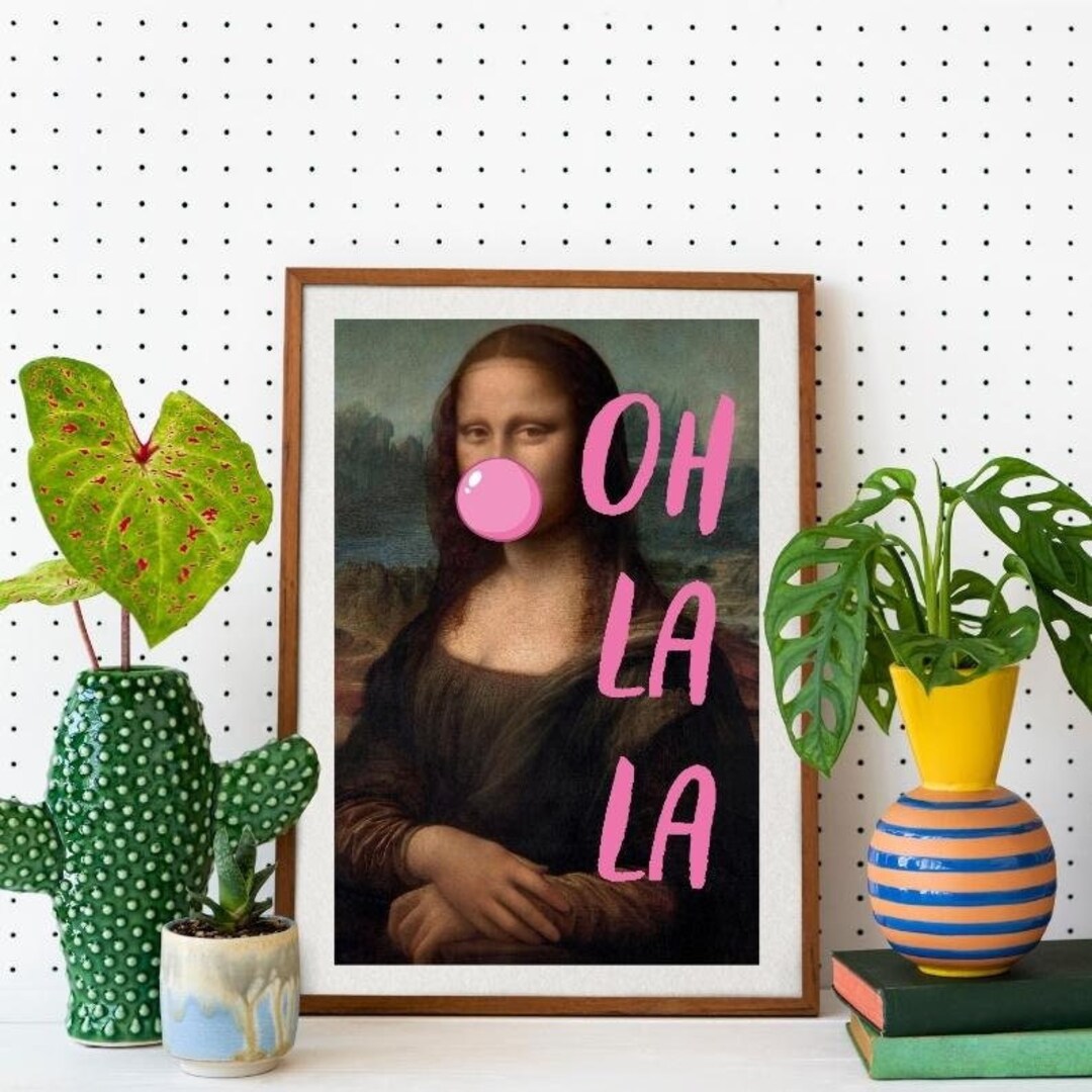 Oh La La Mona Lisa Altered Art Poster, Maximalist Wall Art, Pink Bubble ...