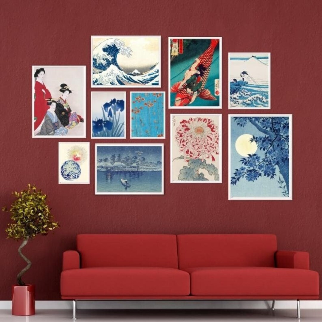 Blue&red Japanese Woodblock Gallery Wall Set of 10, Ukiyo-e Wall Art ...