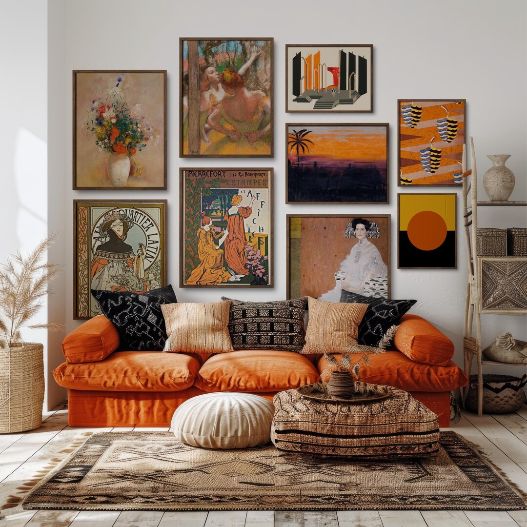 Burnt Orange Eclectic Gallery Wall Set of 9 Prints, Vintage Poster ...