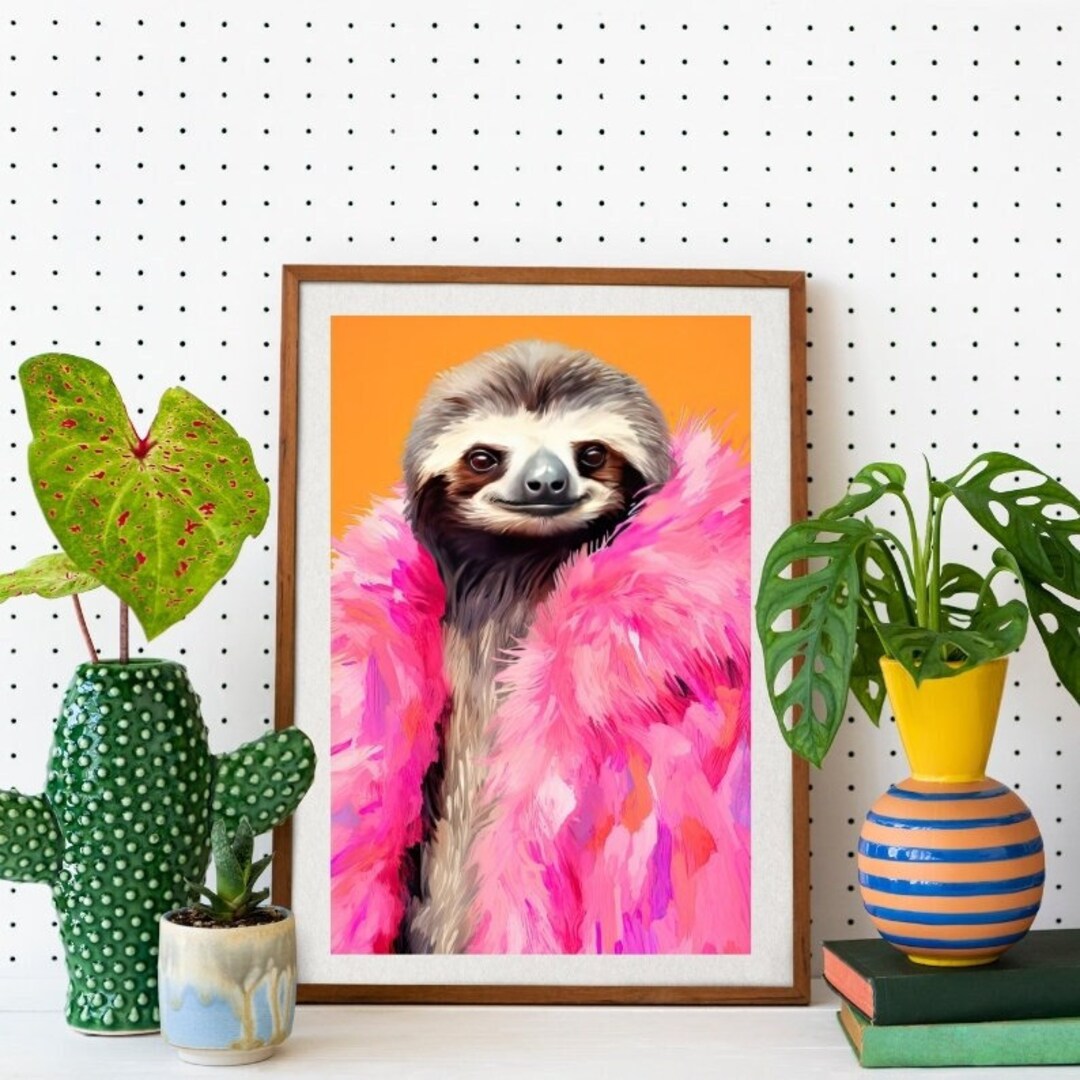 Sloth in Pink Fur Funky Animal Fashion Art Print Maximalist Wall Art ...