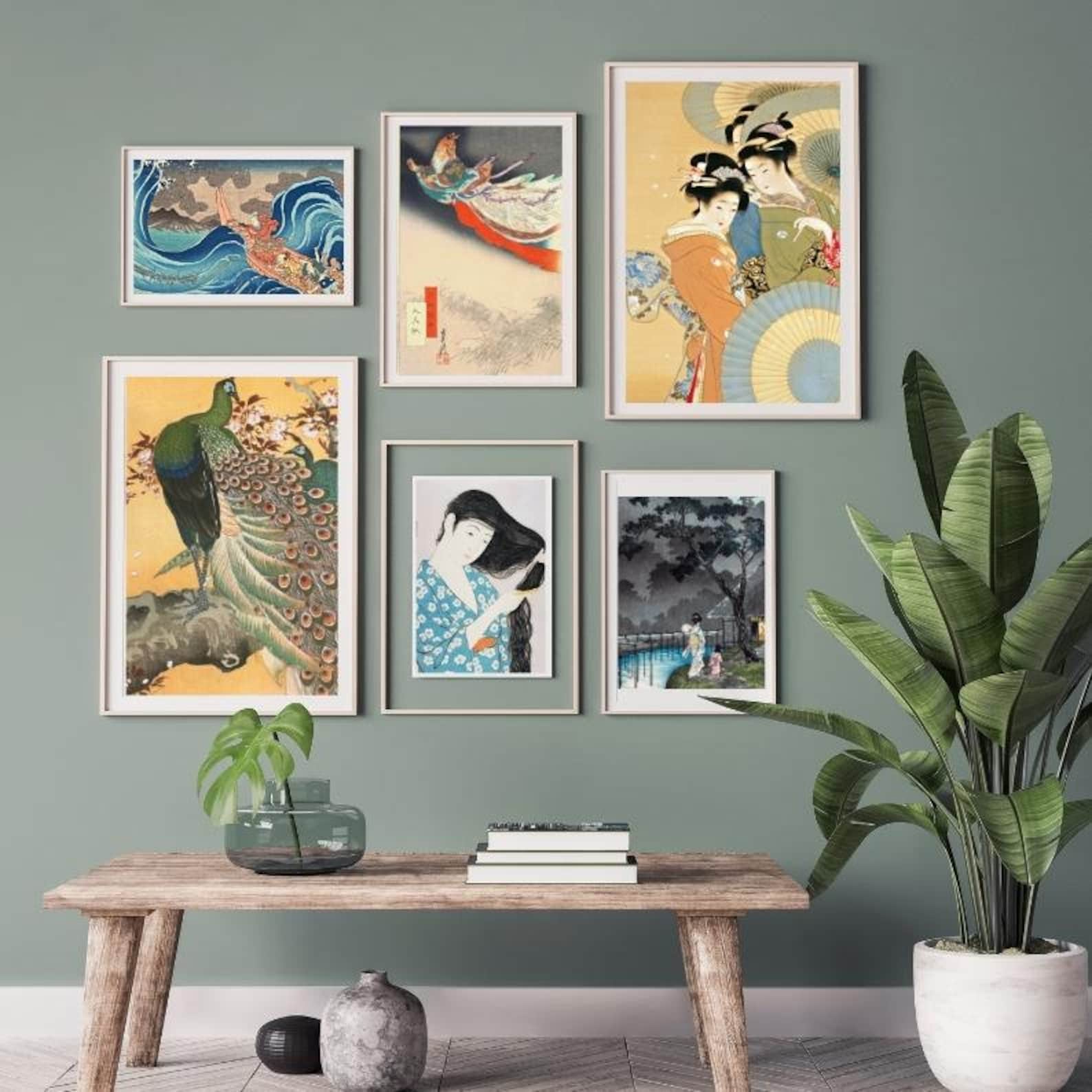 Japanese Woodblock Print Set of 7, Vintage Japanese Ukiyo-e Wall Art ...