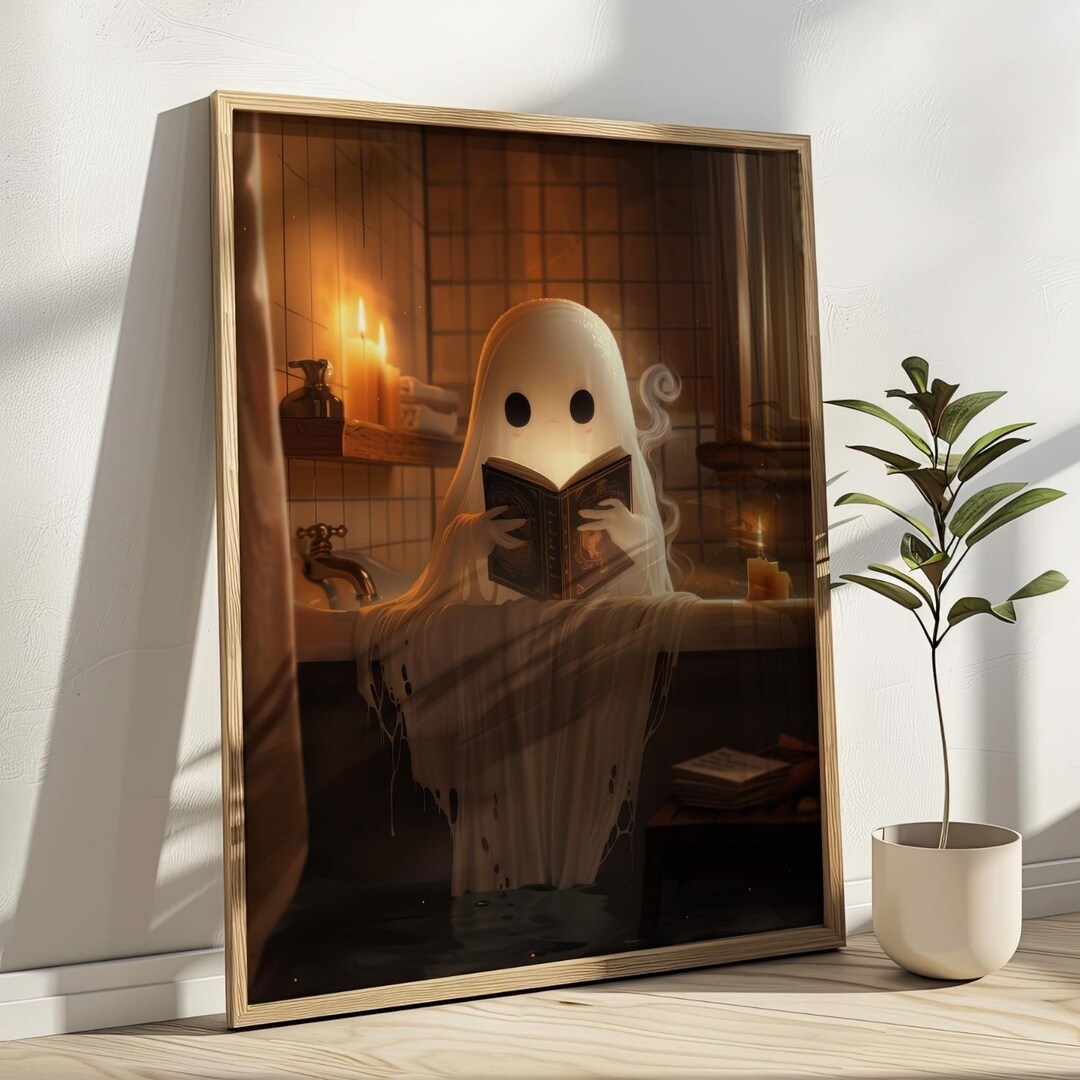 Cute Ghost Reading a Book in Bathroom Halloween Art Print for Bathroom ...