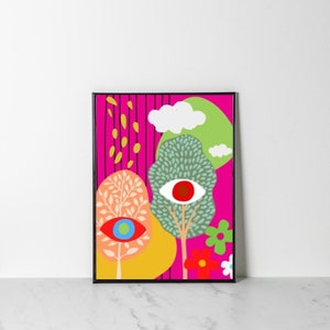 Evil Eye Forest Trippy Wall Art, Colorful Quirky Poster, Whimsical Folk ...