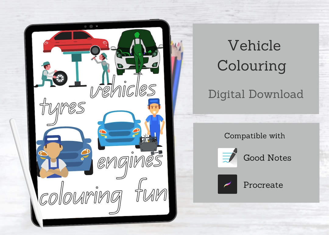 Vehicle Tyre Engine Colouring Fun, Digital Colouring Book, Childs ...