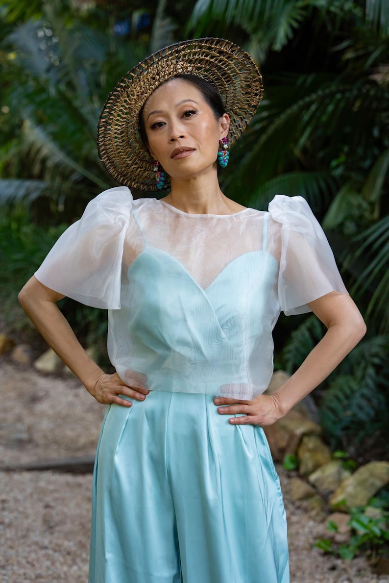 Organza Filipiniana Blouse | Modern Puff Sleeve Top With Ribbon - Etsy