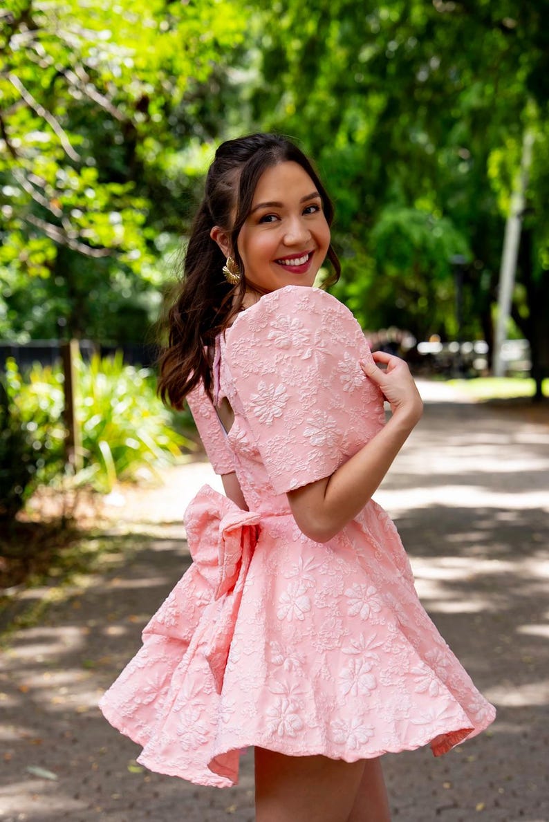 Filipiniana Mini Dress | Pastel Pink Floral Jacquard, Butterfly Sleeves ...